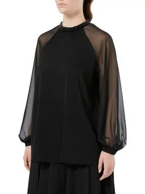 Marina Rinaldi Cambusa Beaded Neckline Sheer Sleeve Cady Top - Black