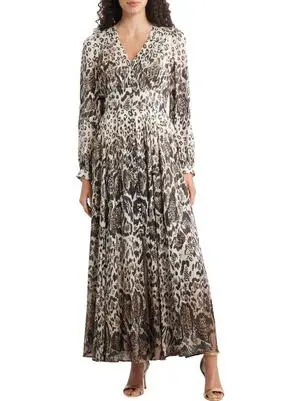 Elie Tahari Alba Metallic Long Sleeve Silk Maxi Dress - Sunset Leopard