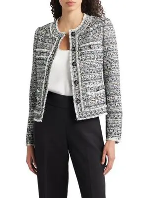 Elie Tahari Dakota Fringe Trim Tweed Jacket - Castle Blue Tweed