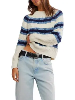 Free People Frankie Stripe Cable Stitch Cotton Sweater - Ivory Combo