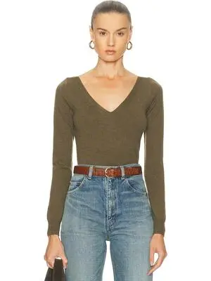 Saint Laurent Long Sleeve V-neck Top - Kaki Militaire