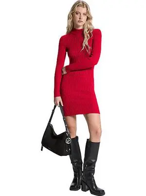 Michael Kors Ribbed Stretch Wool Mock Neck Mini Dress Red