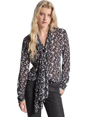 Michael Kors Floral Print Georgette Tie-neck Blouse - Grey