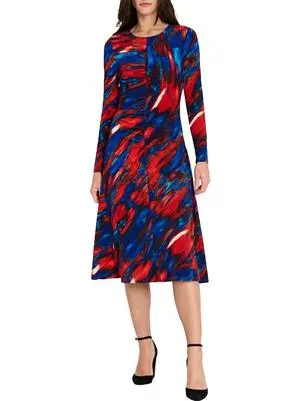 TAHARI ASL Ruched Long Sleeve Dress - Red Blue