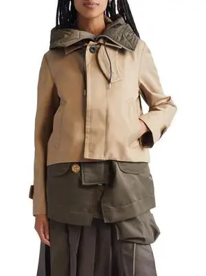 Sacai Hooded Mixed Media Jacket - Beige/dark Khaki
