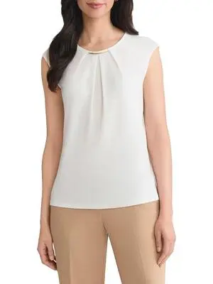 KASPER Metal Accent Gathered Neck Crepe Knit Top - Vanilla Ice