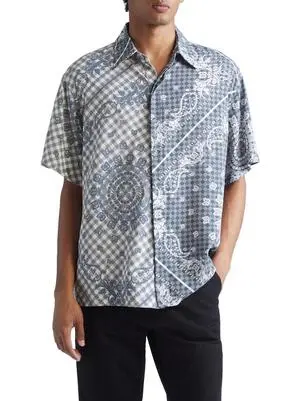 Rhude Split Gingham & Bandana Print Short Sleeve Button-up Shirt - Black/white 3028