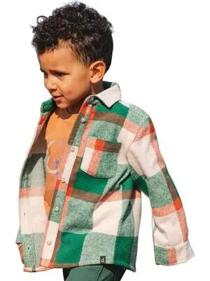 DEUX PAR DEUX Long Sleeve Yarn Dyed Plaid Shirt - Green, Orange And Off-white