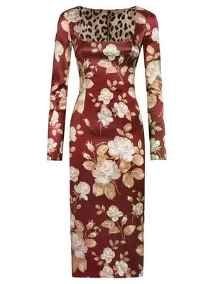 Dolce & Gabbana Rose-print Square-neck Midi Dress - Brown