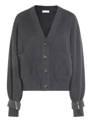 Brunello Cucinelli Embellished Ribbed Cardigan - Grey