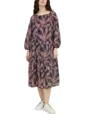 DRYKORN Peacock Feather Print Midi Day Dress - Purple