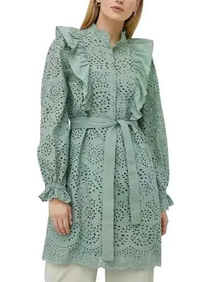 BRUUNS BAZAAR Eyelet-embroidered Ruffle Mini Dress - Green