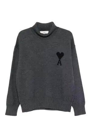 Ami Heart Logo Turtleneck Sweater - Grey