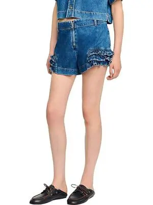 Sandro Ruffled Denim Shorts - Blue Jean
