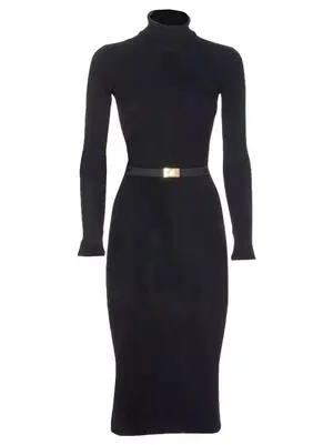 Elisabetta Franchi Ribbed High-neck Belted Midi Dress - Black
