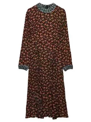 Prada Floral-print Pleated Knit-trim Midi Dress - Brown