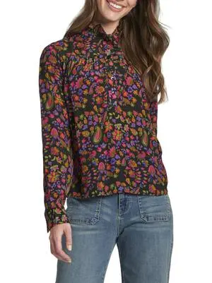 APNY Ruffle Half-placket Shirt - Pink-black Floral Multi