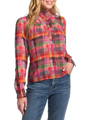 APNY Ruffle Half-placket Shirt - Pink-plaid Multi