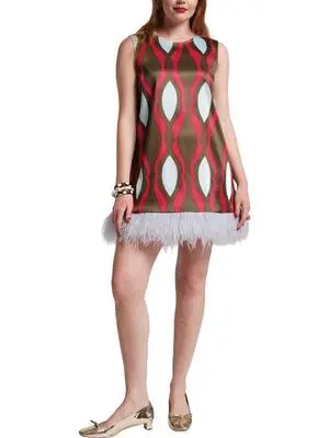FRANCES VALENTINE Darcy Shift Dress With Feathers - Red/olive/light Blue