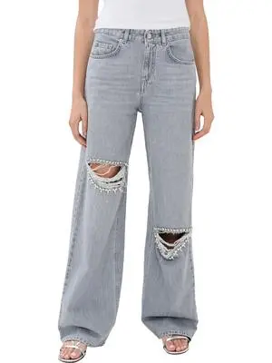 AREA AREA Distressed Crystal Relaxed Slit Jeans Light Grey