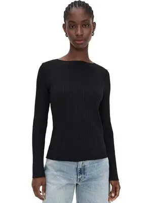 Vince Ribbed Slash Neck Shirt - Black