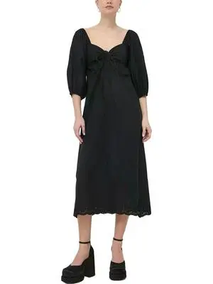NOTES DU NORD Eyelet-trimmed Midi Dress With Puff Sleeves - Black