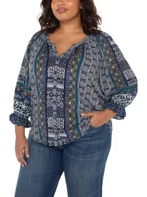 LIVERPOOL Shibori Print Button-up Top - Blue Shibori