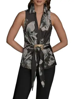 Donna Karan New York Floral Faux Wrap Sleeveless Top - Black Multi