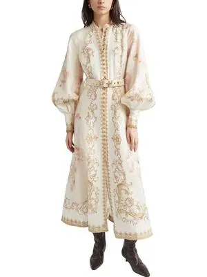 Zimmermann Hypnotic Long Sleeve Belted Linen Maxi Dress - Cream Peony