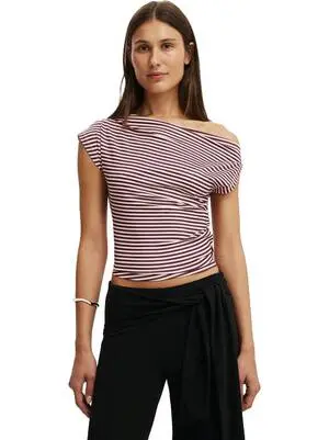 COTTON ON Georgie Off Shoulder Short Sleeve - Madi Stripe Cherrywood