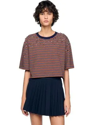 Sandro Striped Rhinestone T-shirt - Brown/deep Blu