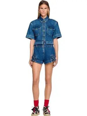 Sandro Ruffled Denim Shorts - Blue Jean