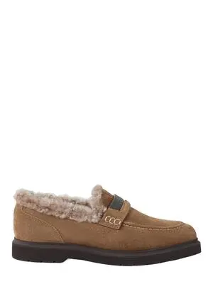 Brunello Cucinelli Suede Shearling-Lined Penny Loafers Brown