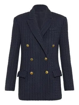Brunello Cucinelli Cashmere Cable Knit Double-Breasted Blazer Blue
