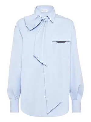 Brunello Cucinelli Cotton Poplin Pussybow Shirt - Blue