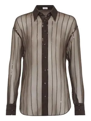 Brunello Cucinelli Silk Shirt With Sequin Stripes - Brown
