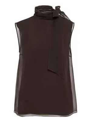 Brunello Cucinelli Silk Pussybow Sleeveless Top - Brown