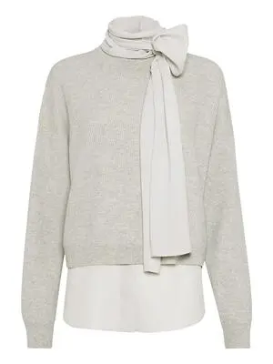 Brunello Cucinelli Cashmere Sweater With Detachable Pussybow Blouse - Grey