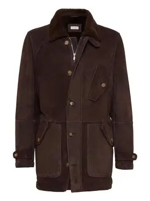 Brunello Cucinelli Suede Shearling Pea Coat Brown