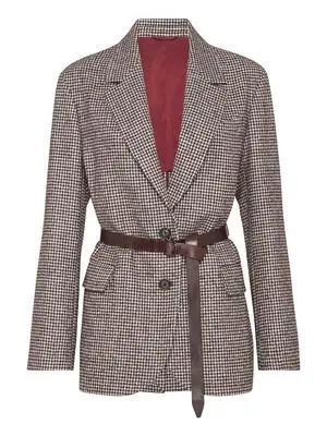 Brunello Cucinelli Wool-alpaca Houndstooth Belted Blazer - Brown