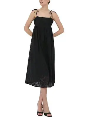NOTES DU NORD Floral-lace Midi Day Dress With Tie Straps - Black
