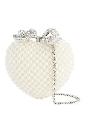 SELF-PORTRAIT Heart Leather And Faux-Pearl Clutch Bag Cream