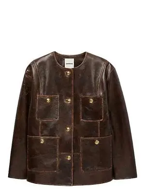 Sandro Distressed Button-embellished Leather Jacket - Black Brown