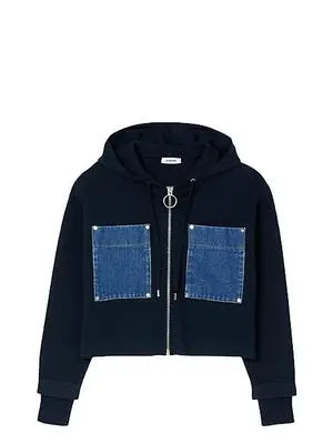 Sandro Relaxed-fit Knitted Hoody With Denim Pockets - Navy Blue