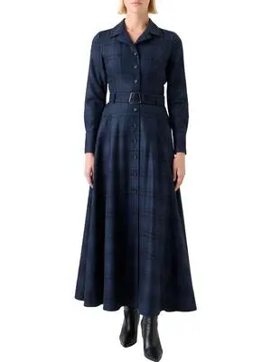 Akris Plaid Long-sleeve Wool Flannel Belted Shirtdress - Denim-black