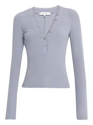 FRAME Mesh-trimmed Ribbed Henley Top - Grey Blue