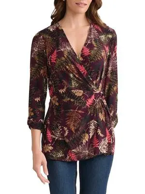 Jones New York Leaf Print Wrap Top - Wine Plum Multi