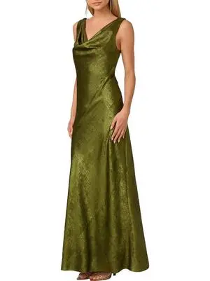 Adrianna Papell Cowl Neck Foil Gown - Dark Olive