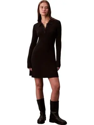 Calvin Klein Cotton Rib V-neck Polo Mini Dress - Black