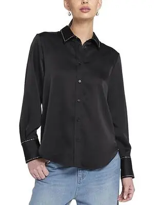 ELLE COLLECTION Satin Shirt With Sparkle Trim - Black